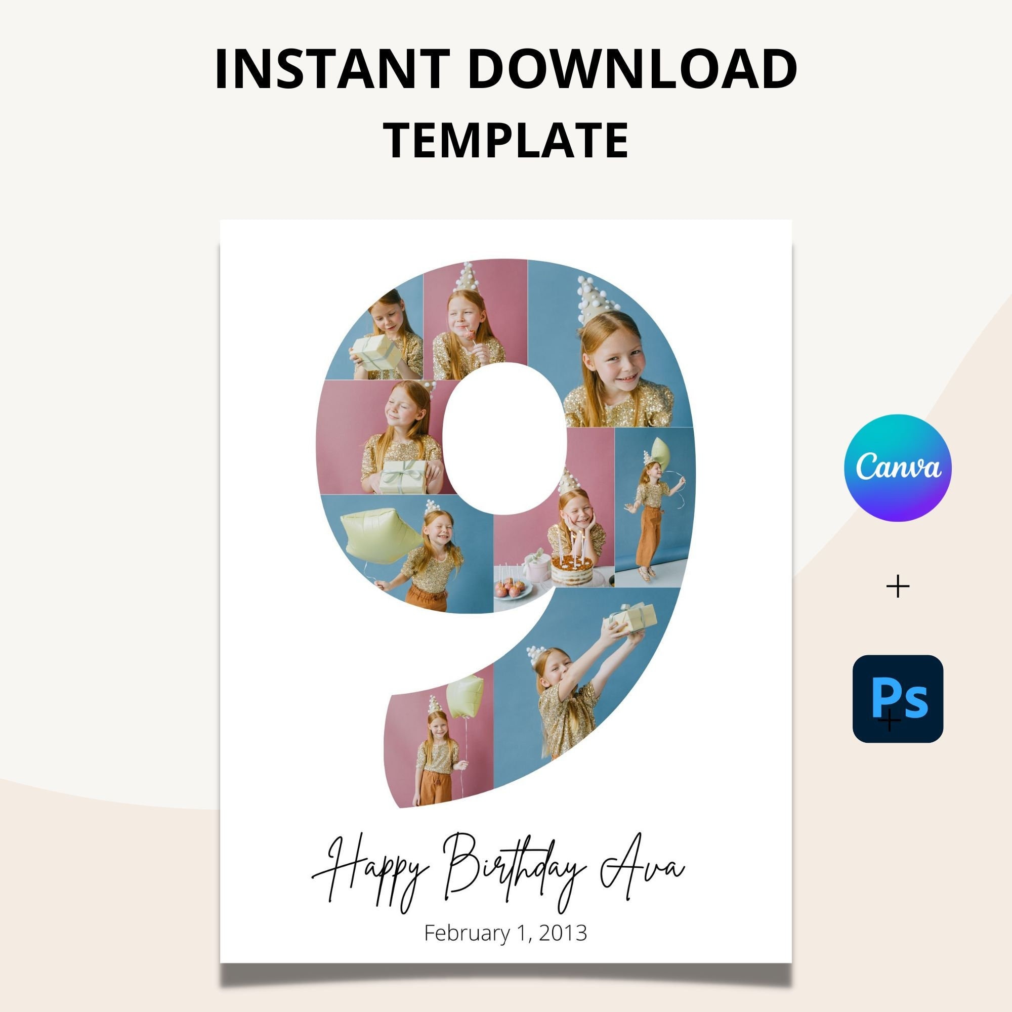 Ninth Birthday Photo Collage Template, 9th Birthday Printable for Kids ...