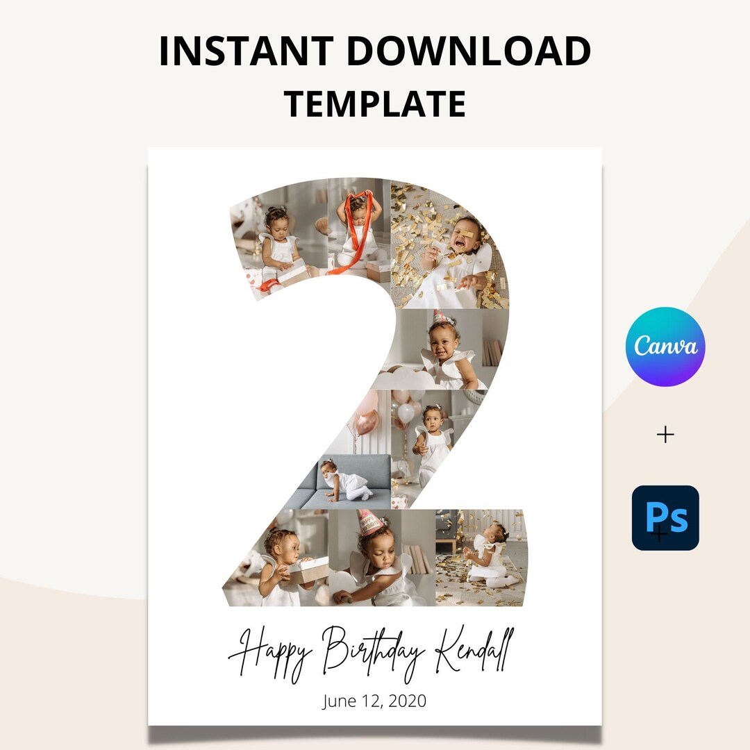 Second Birthday Photo Collage Template, 2nd Birthday Printable for Kids ...