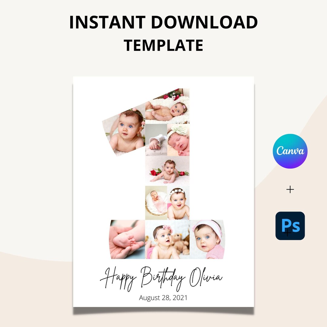 First Birthday Photo Collage Template, 1st Birthday Printable for Kids ...