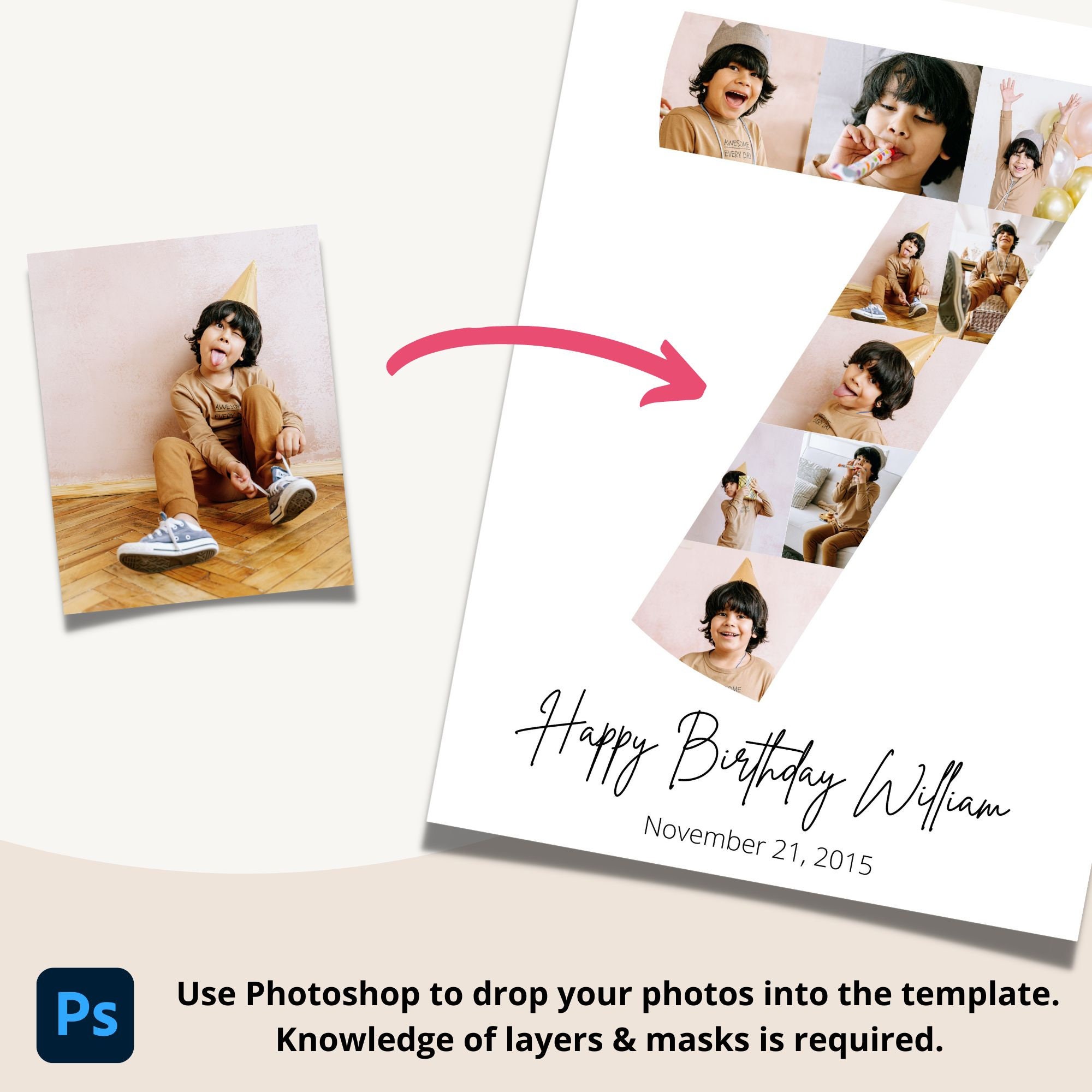 Seventh Birthday Photo Collage Template, 7th Birthday Printable for ...