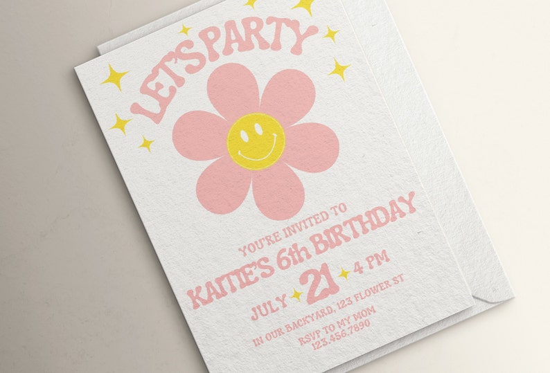 Smiley Face Flower EDITABLE Birthday Invitation, Pink Pastel Flower ...