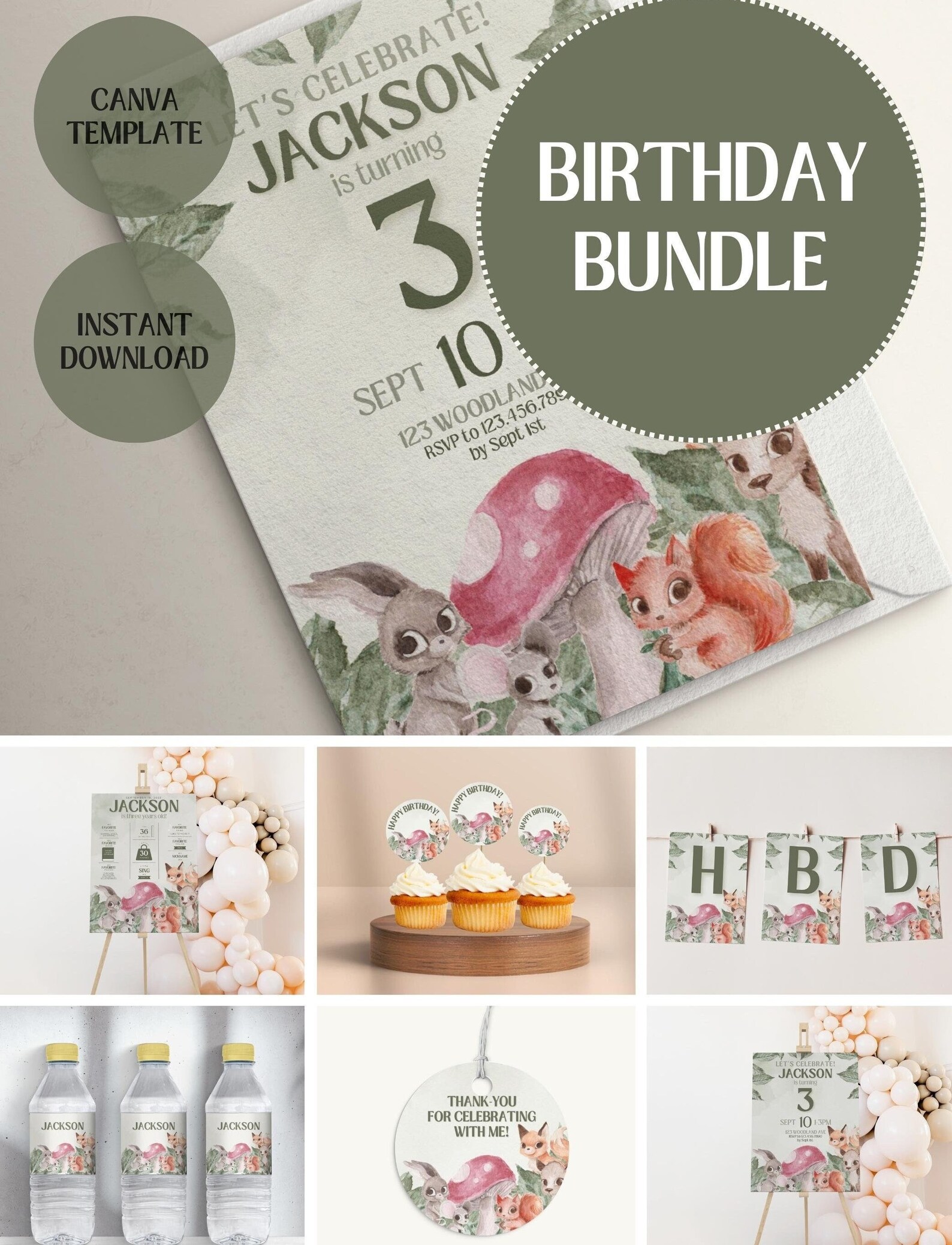 Woodland Animals Birthday Bundle: Editable Invitation, Signs, Labels - Etsy