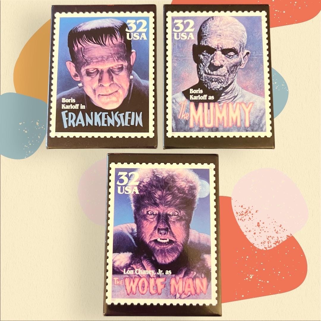 Set of 3 Monster Stamp Magnets Frankenstein the Mummy the Wolf Man ...