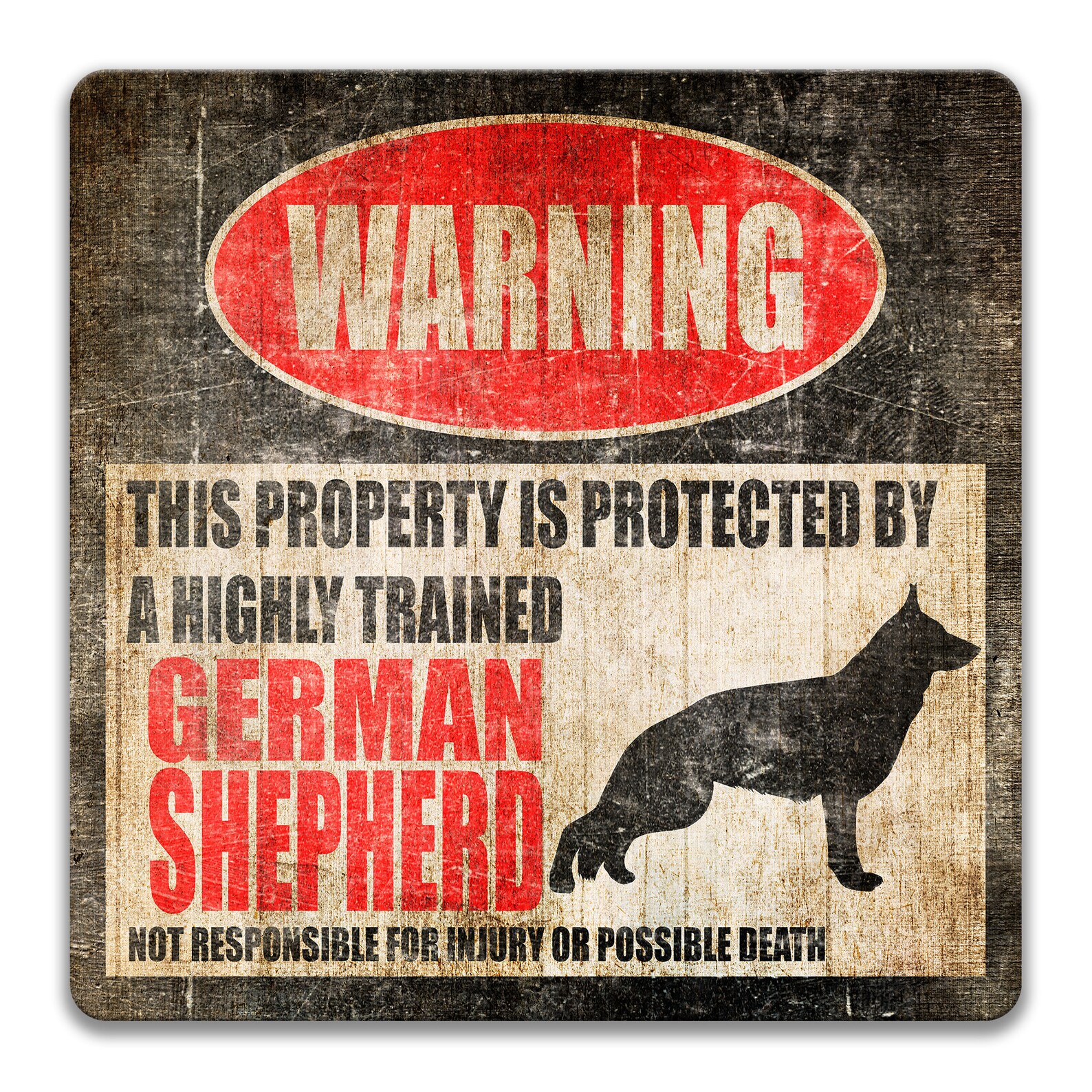 German Shepherd Warning Sign, Highly Trained GSD Guard Dog Metal Sign ...