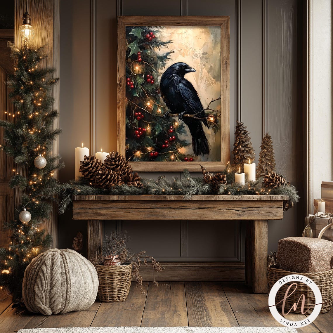 Gothic Raven on Christmas Tree Print, Vintage Christmas Wall Art ...