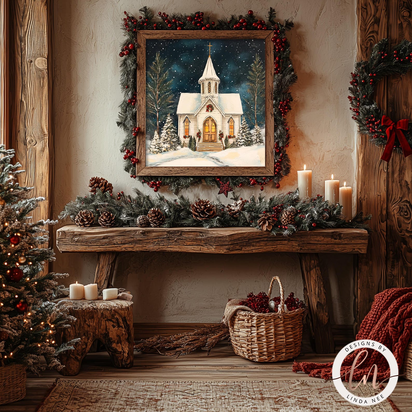 Vintage Church Christmas Scene Oil Painting Wall Art, Large Winter ...