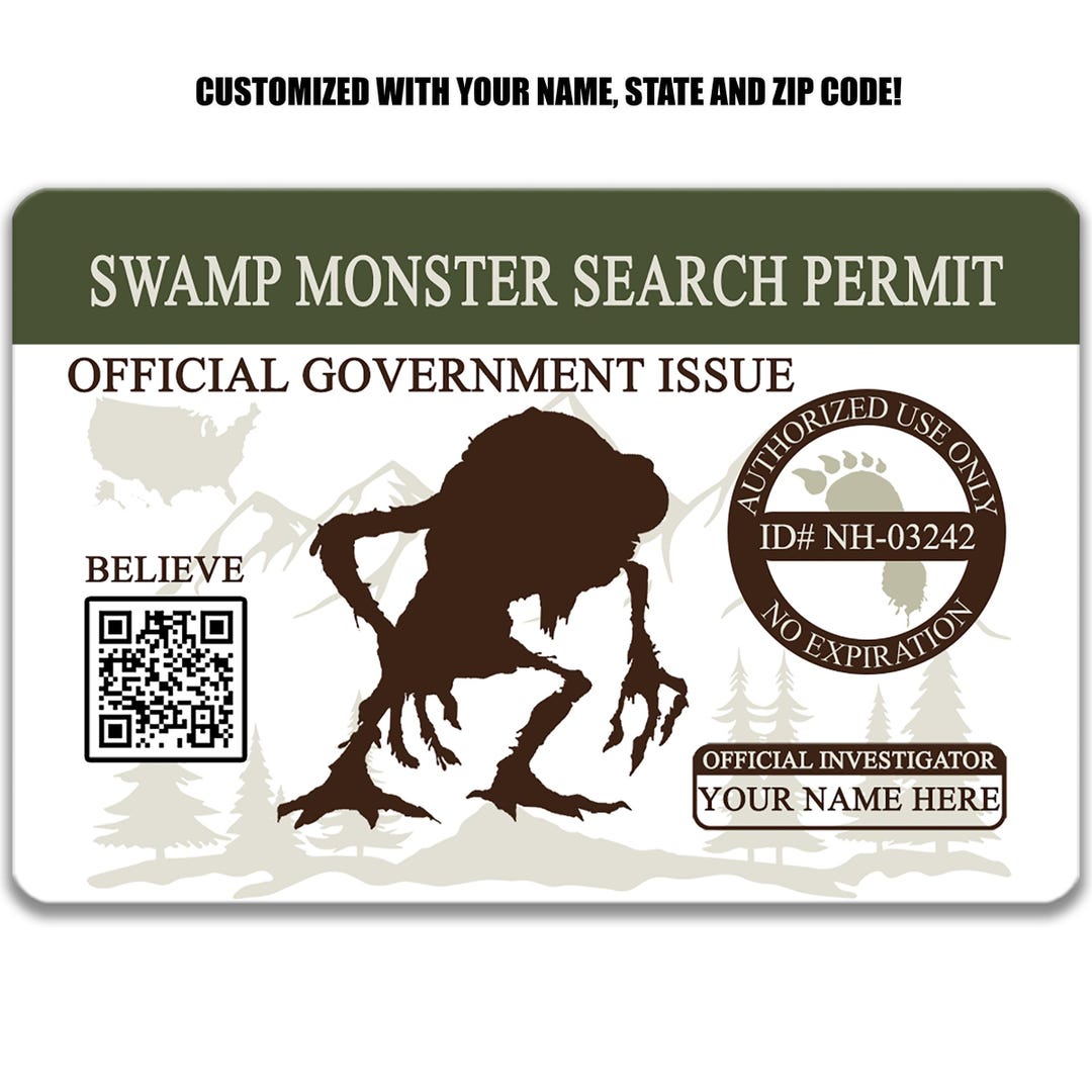 Swamp Monster Search Permit, Cryptid Wildlife License, Personalized ...