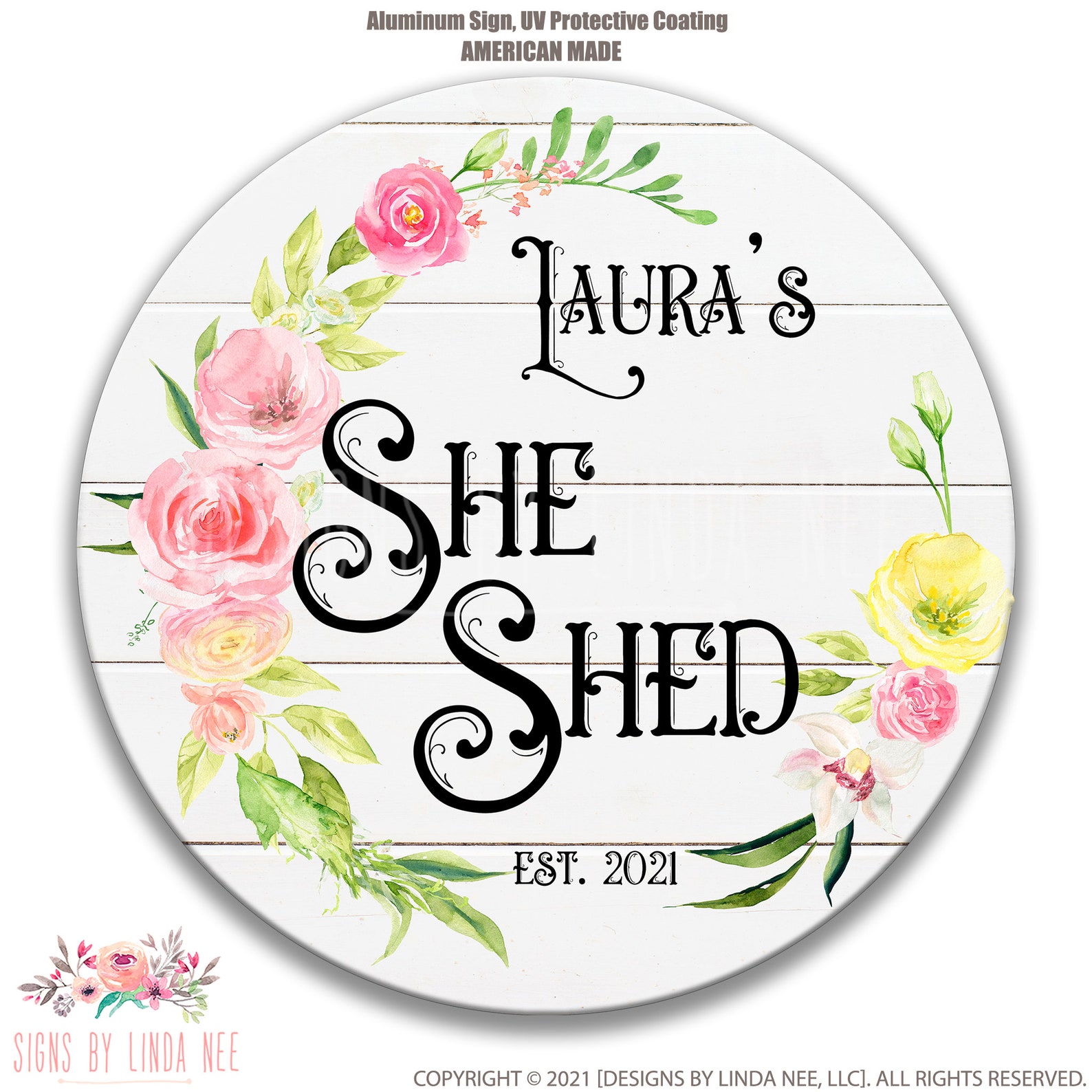 Personalized She Shed Sign, She Shed Gift, Pink Flowers Custom Woman's ...