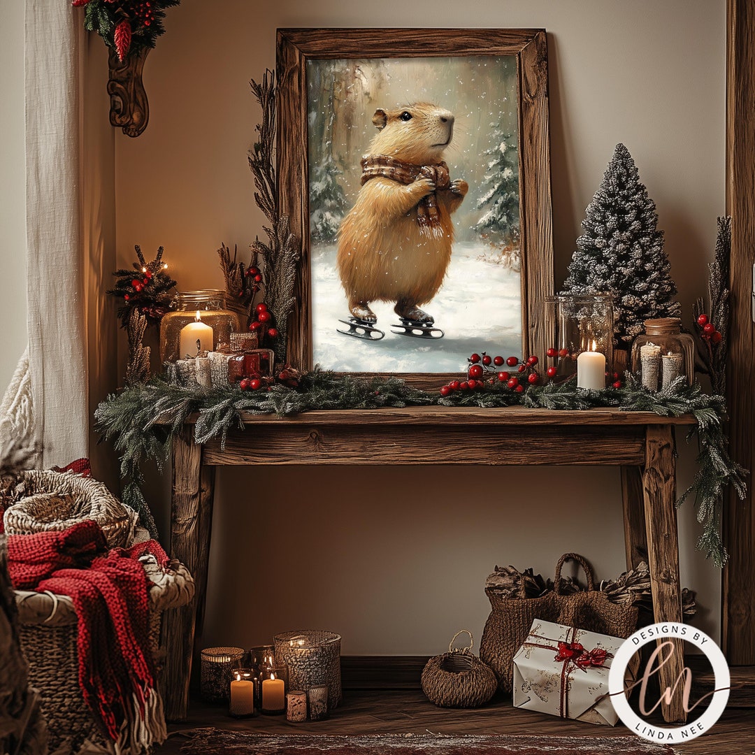 Capybara Wall Art, Cute Winter Woodland Animals, Christmas Capybara ...