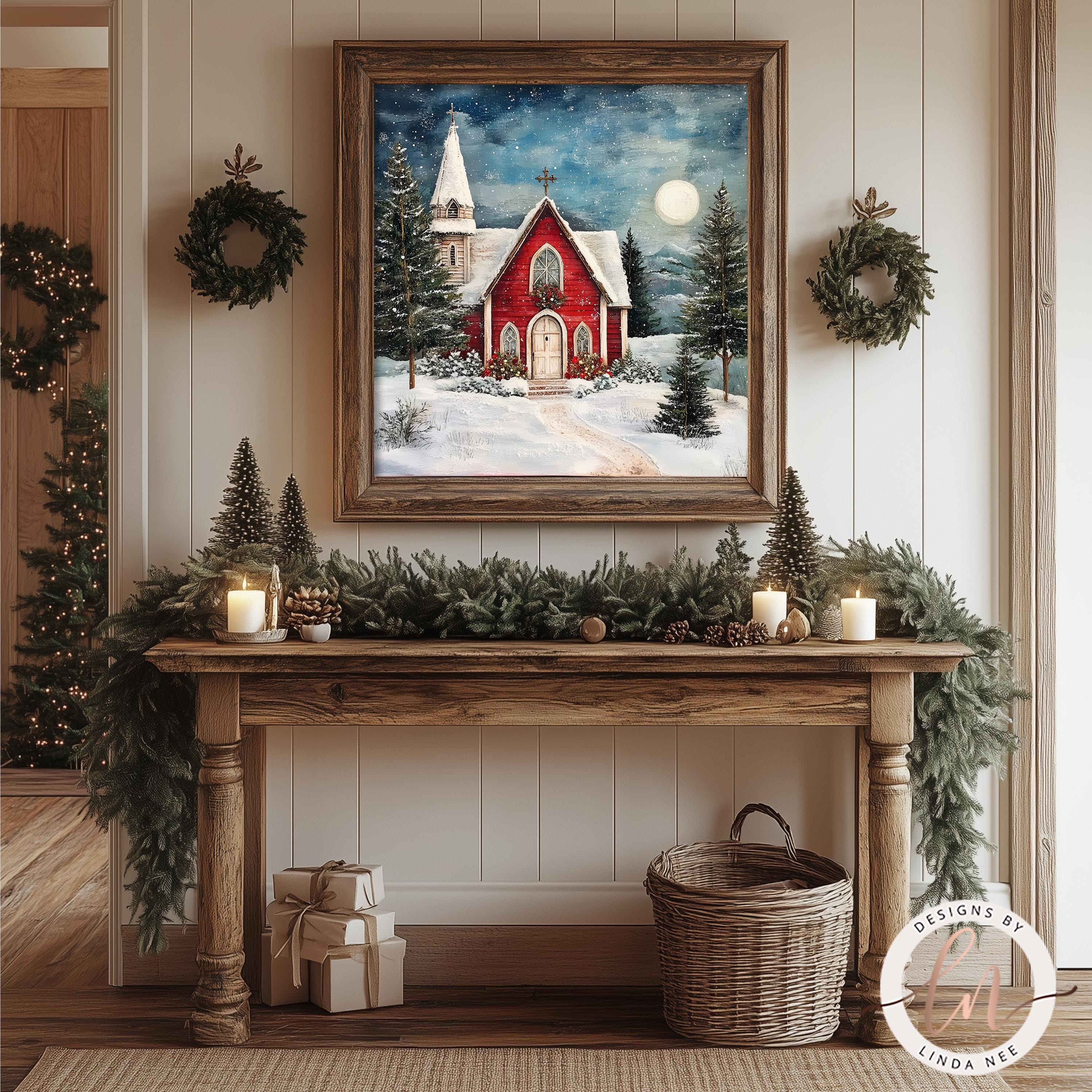 Vintage Church Christmas Scene Oil Painting Wall Art, Large Winter ...