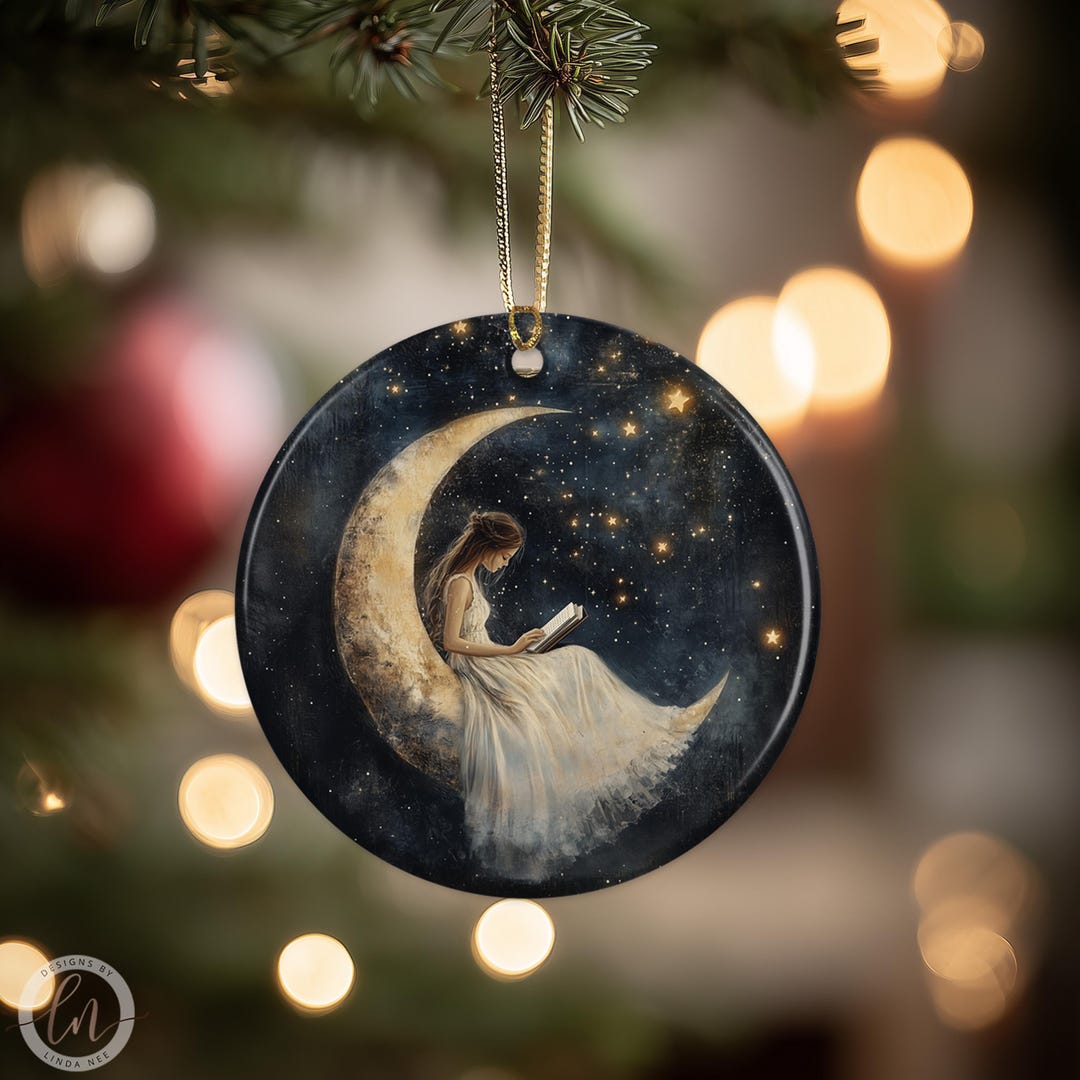 Moon Reading Girl Ornament, Celestial Book Lover, Dreamy Night Sky ...