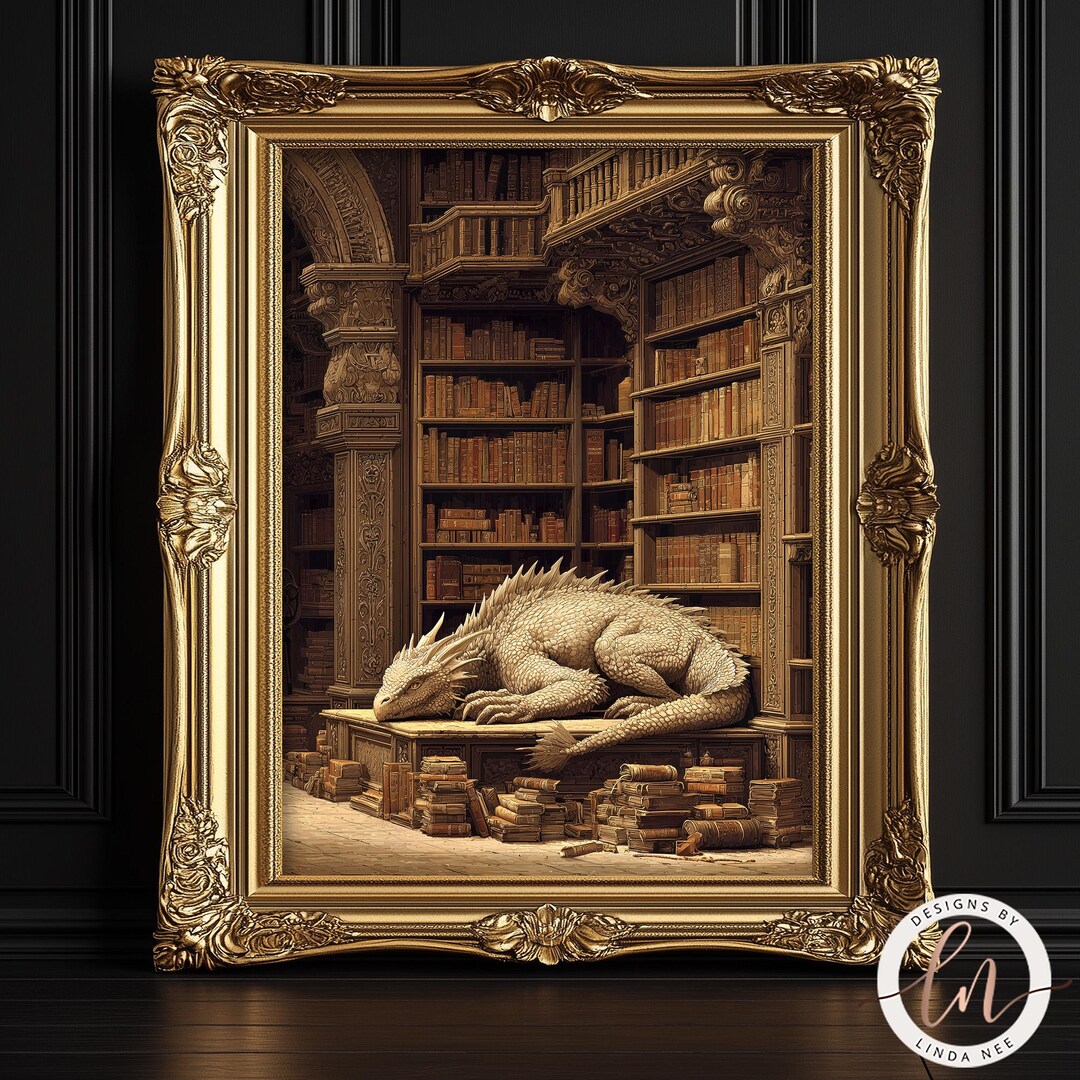 Dragon Wall Decor, Gothic Library Scene, Fantasy Book Lover Art Print ...