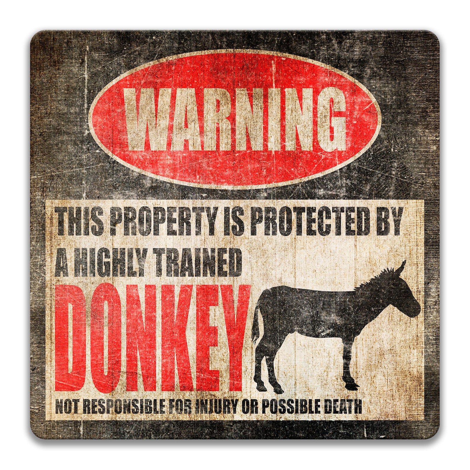 Farm Donkey Warning Sign, Highly Trained Barnyard Metal Wall Decor ...