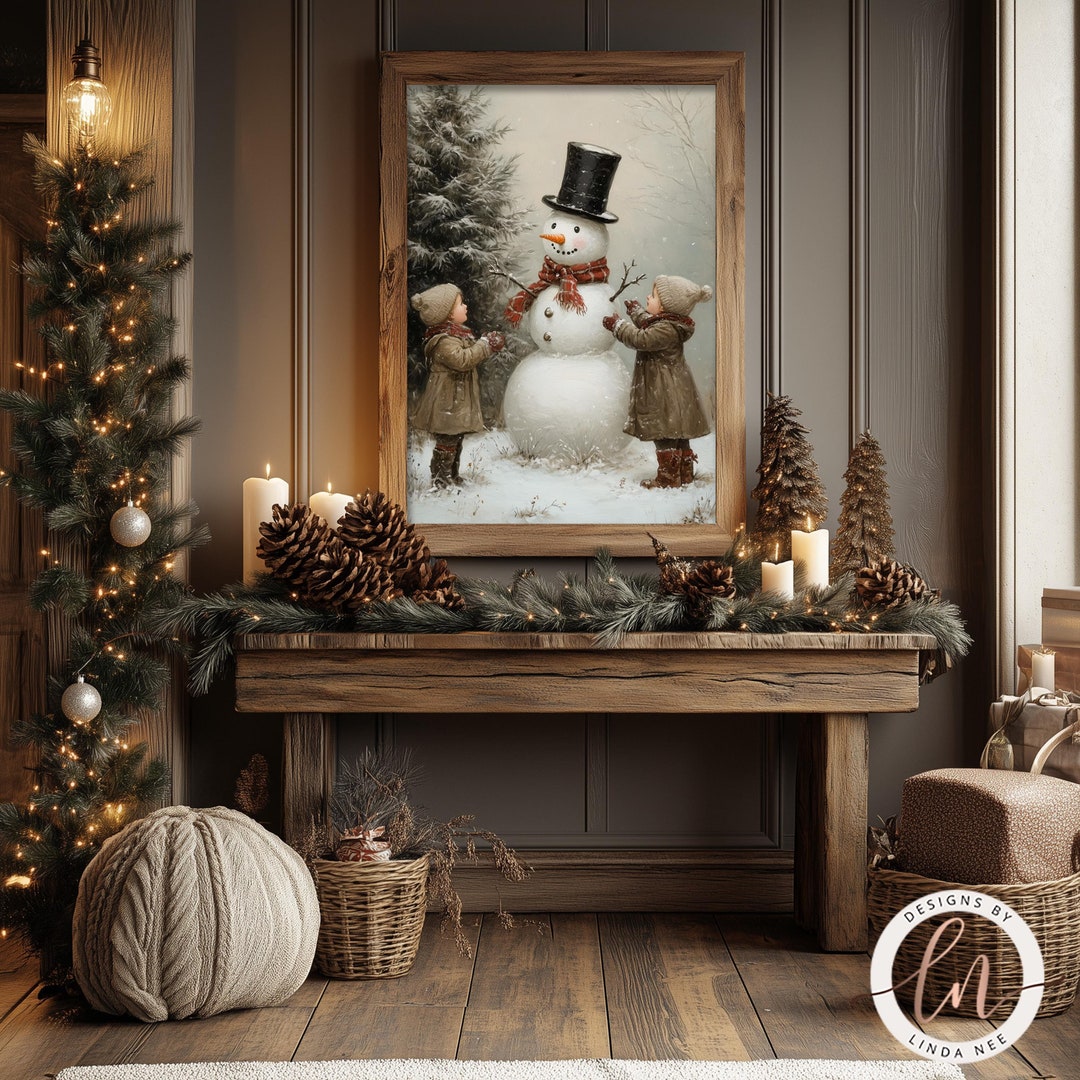 Vintage Snowman Decor, Christmas Wall Art Print, Farmhouse Rustic ...