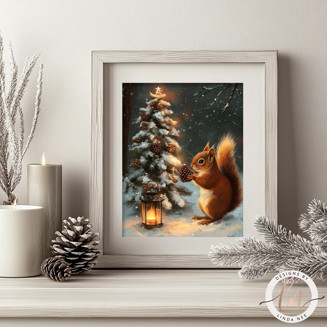 Christmas Squirrel Print, Squirrel Wall Art, Cute Winter Woodland ...