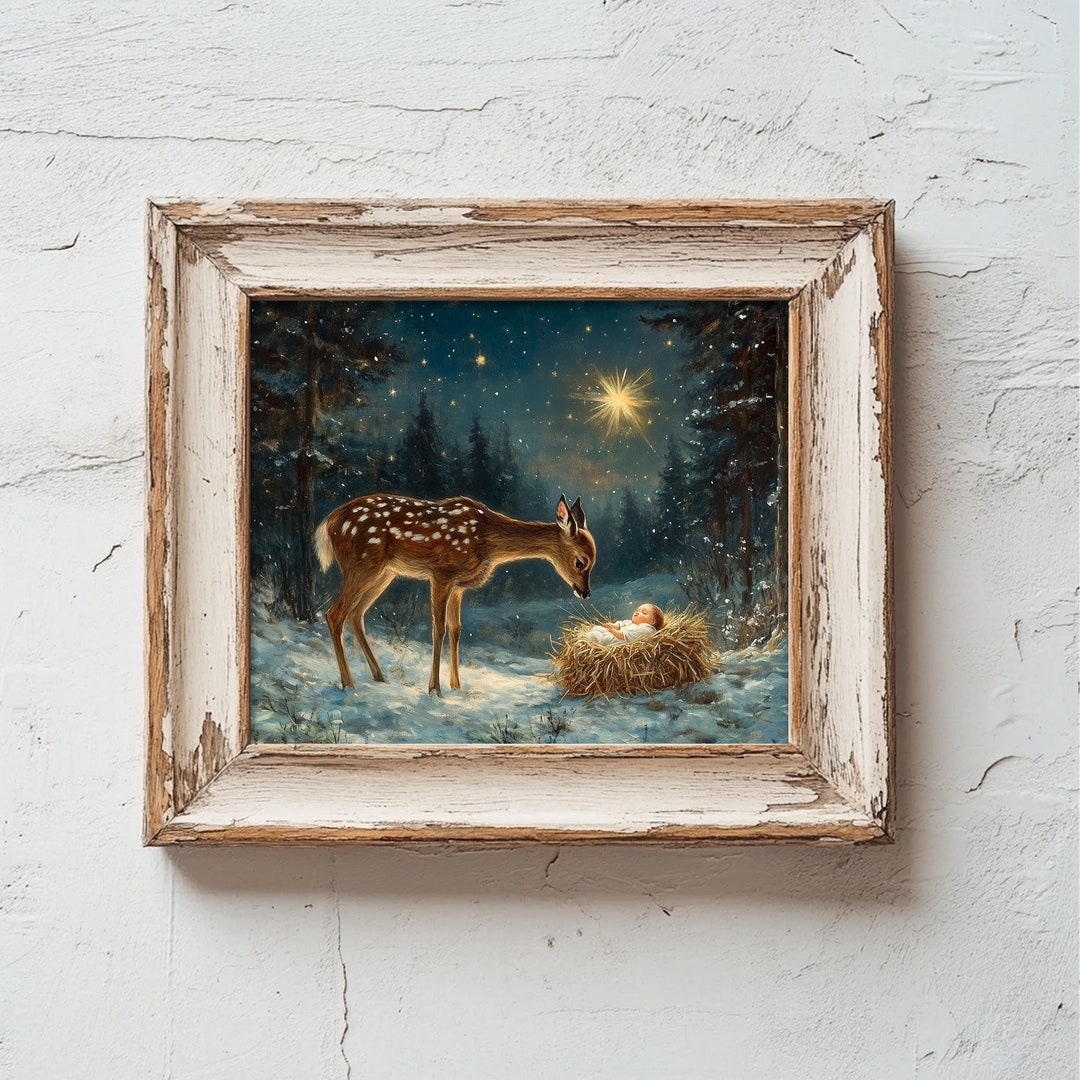 Baby Jesus and Deer Nativity Print, Religious Christmas Wall Art ...