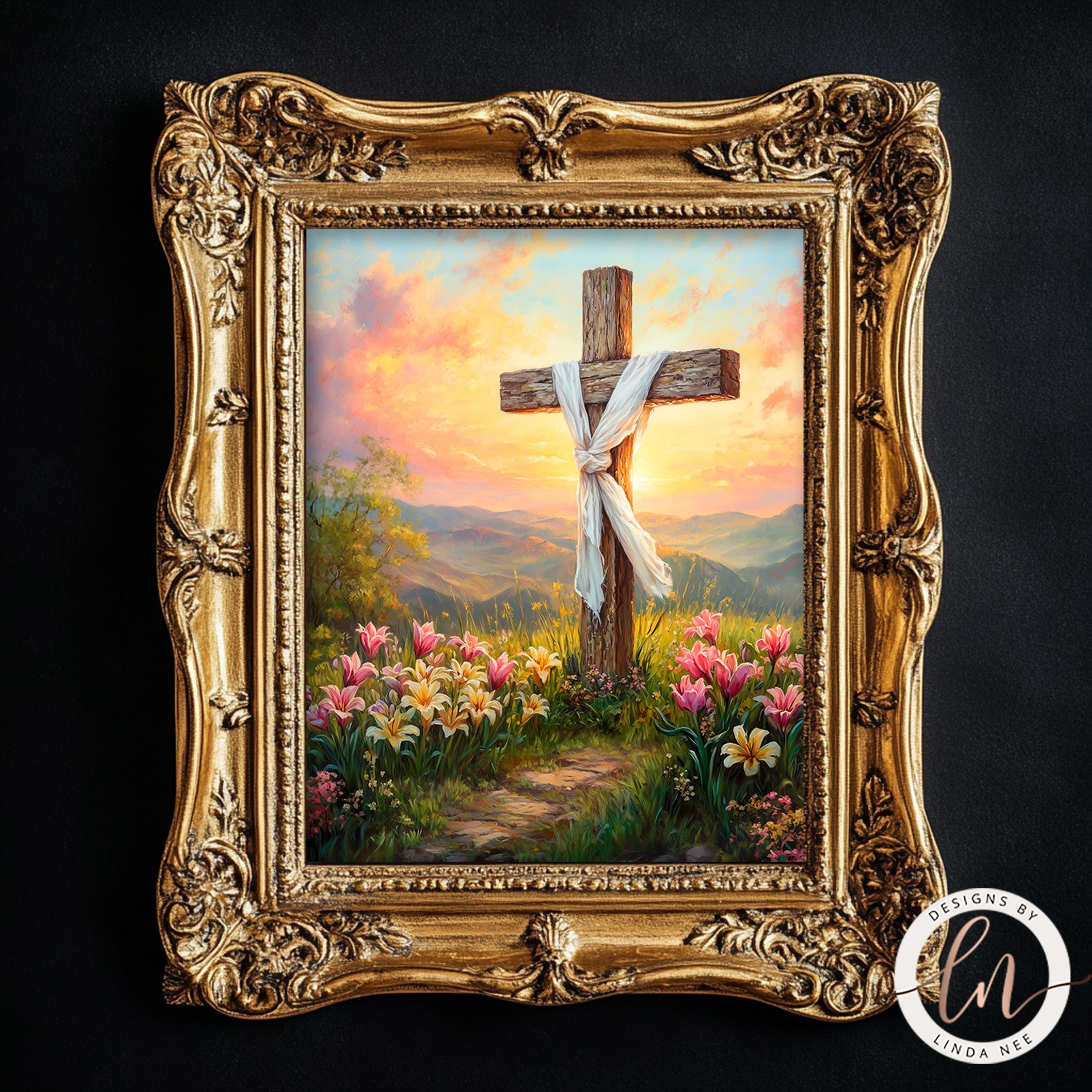 Easter Christian Wall Art, He is Risen Cross on Mountain With Spring ...