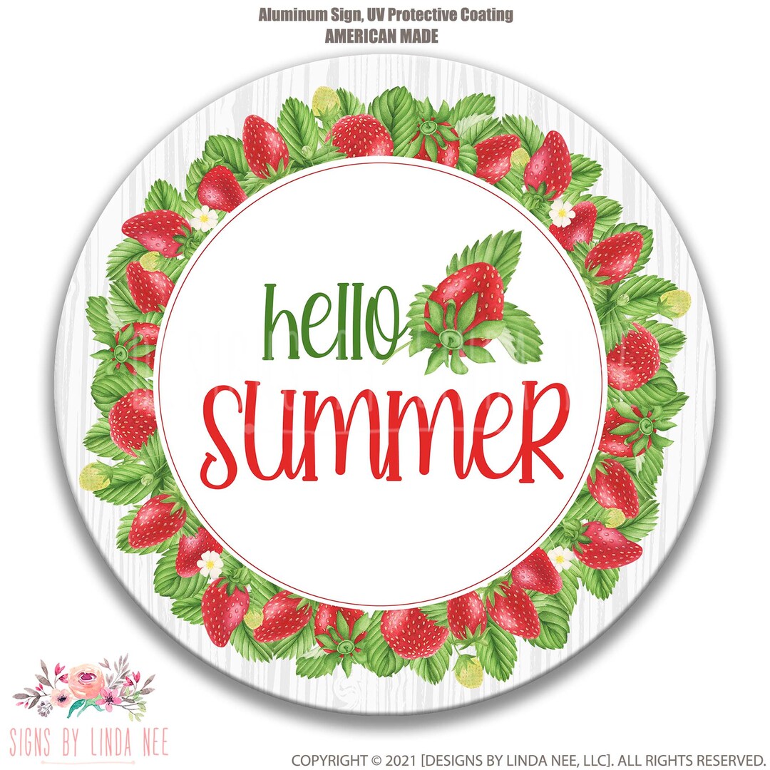 Hello Summer Strawberry Sign - Round Strawberry Wreath Sign, Summer ...
