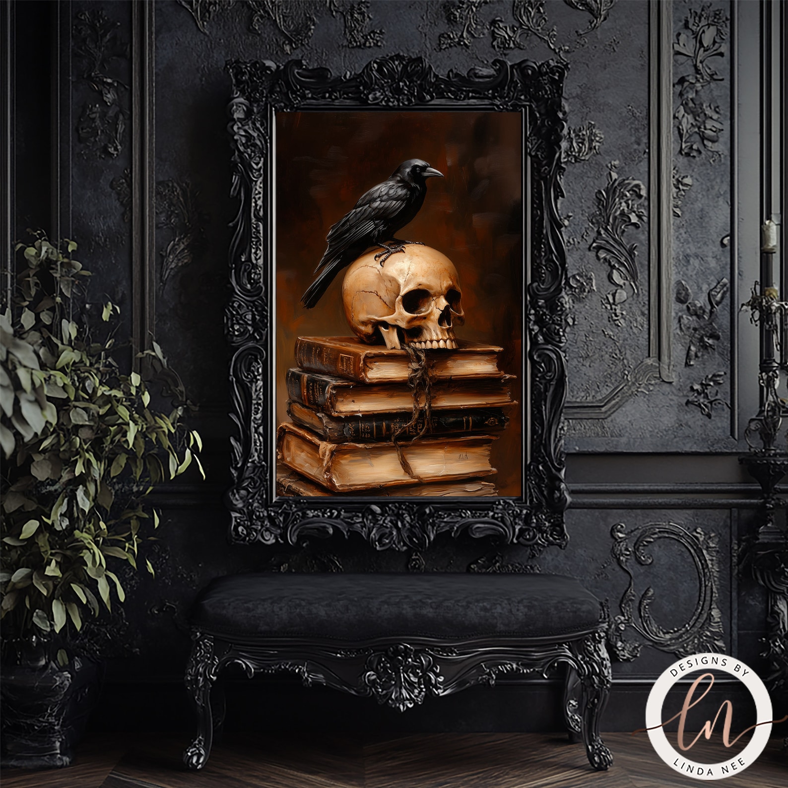 Gothic Raven and Skulls on Books, Dark Academia Library Wall Art Print ...