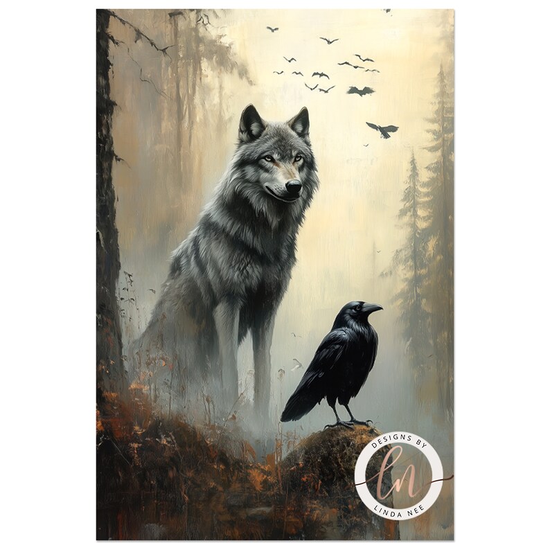 Wolf and Raven Poster, Dark Norse Fantasy Wall Art, Mystical Dream ...