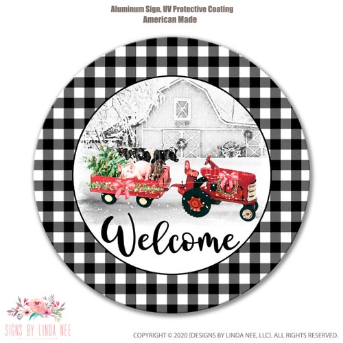 Christmas Farmhouse Wreath Welcome Sign Round Farm Sign Red - Etsy