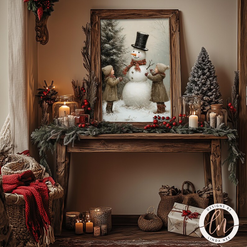 Vintage Snowman Decor, Christmas Wall Art Print, Farmhouse Rustic ...
