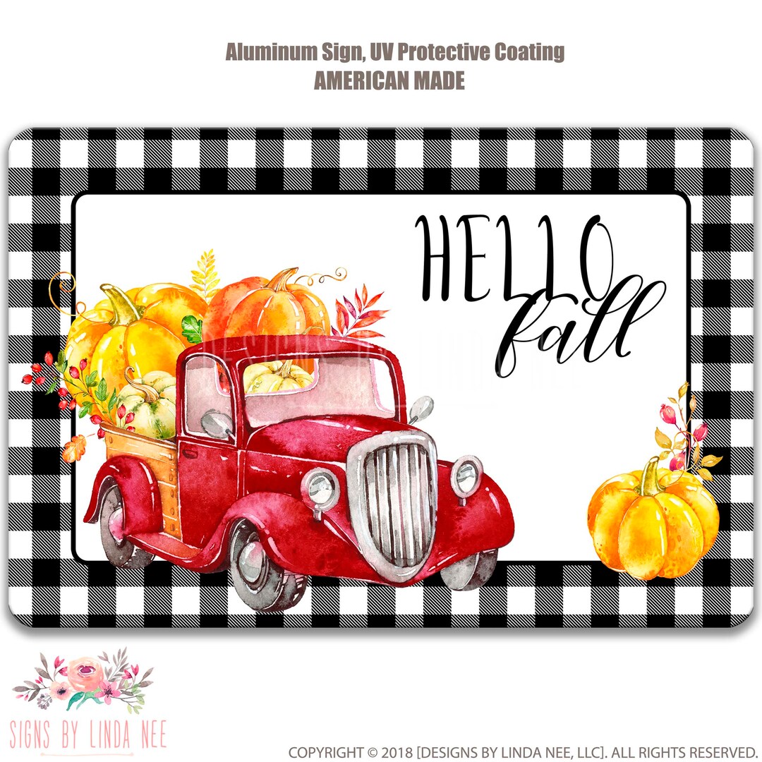Vintage Truck Sign Hello Fall Sign Red Truck Autumn Decor Pumpkin Sign ...