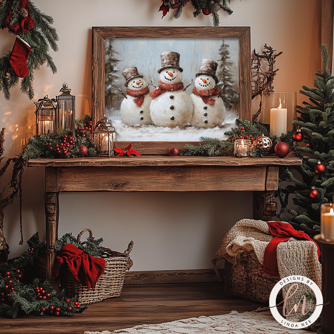 Vintage Snowman Decor, Christmas Wall Art Print, Farmhouse Rustic ...