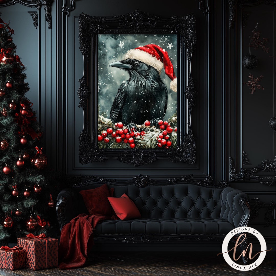 Santa Raven Wall Art Print, Gothic Crow, Christmas Dark Academia ...