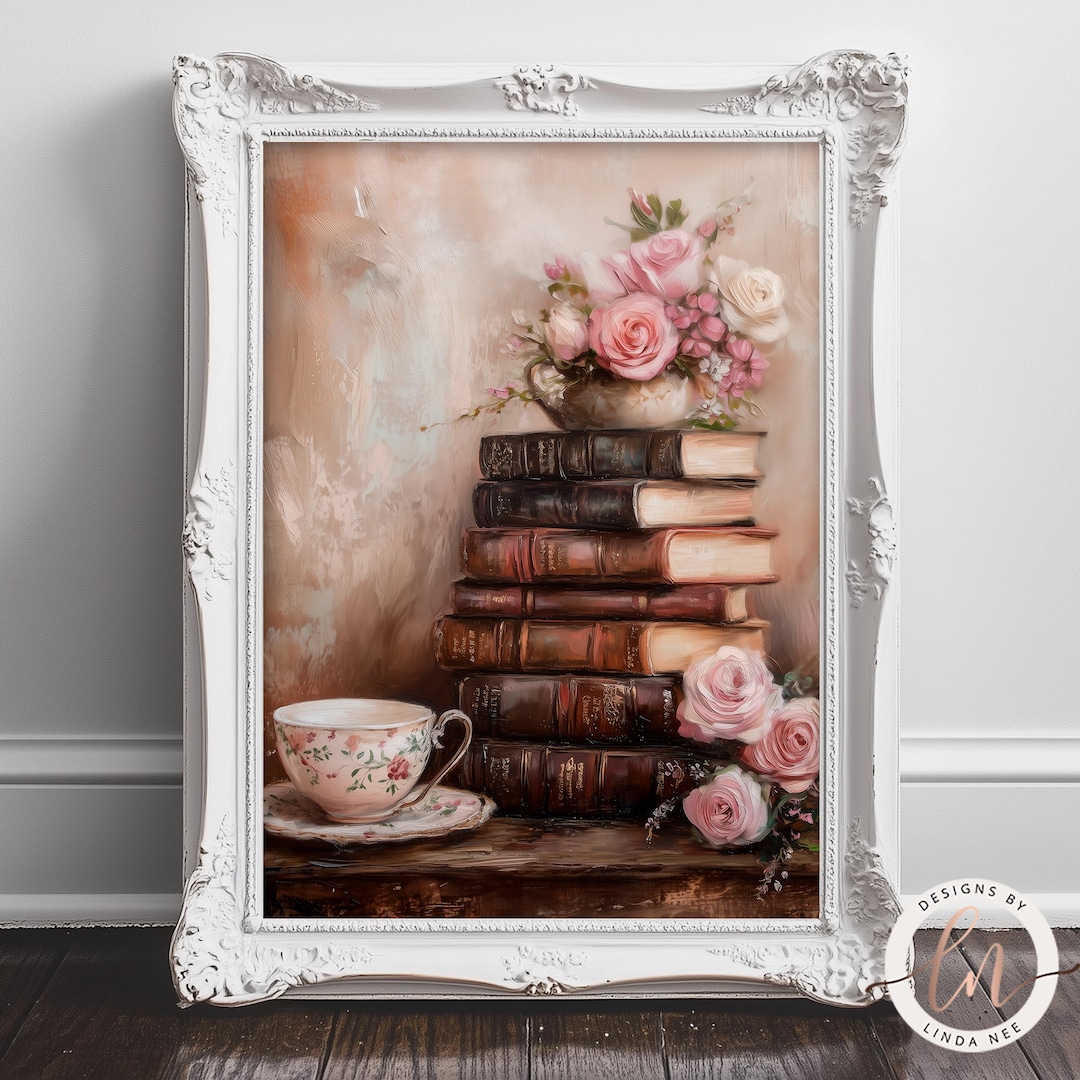 Vintage Books and Roses Wall Art | Romantic Dark Academia Decor | Tea ...