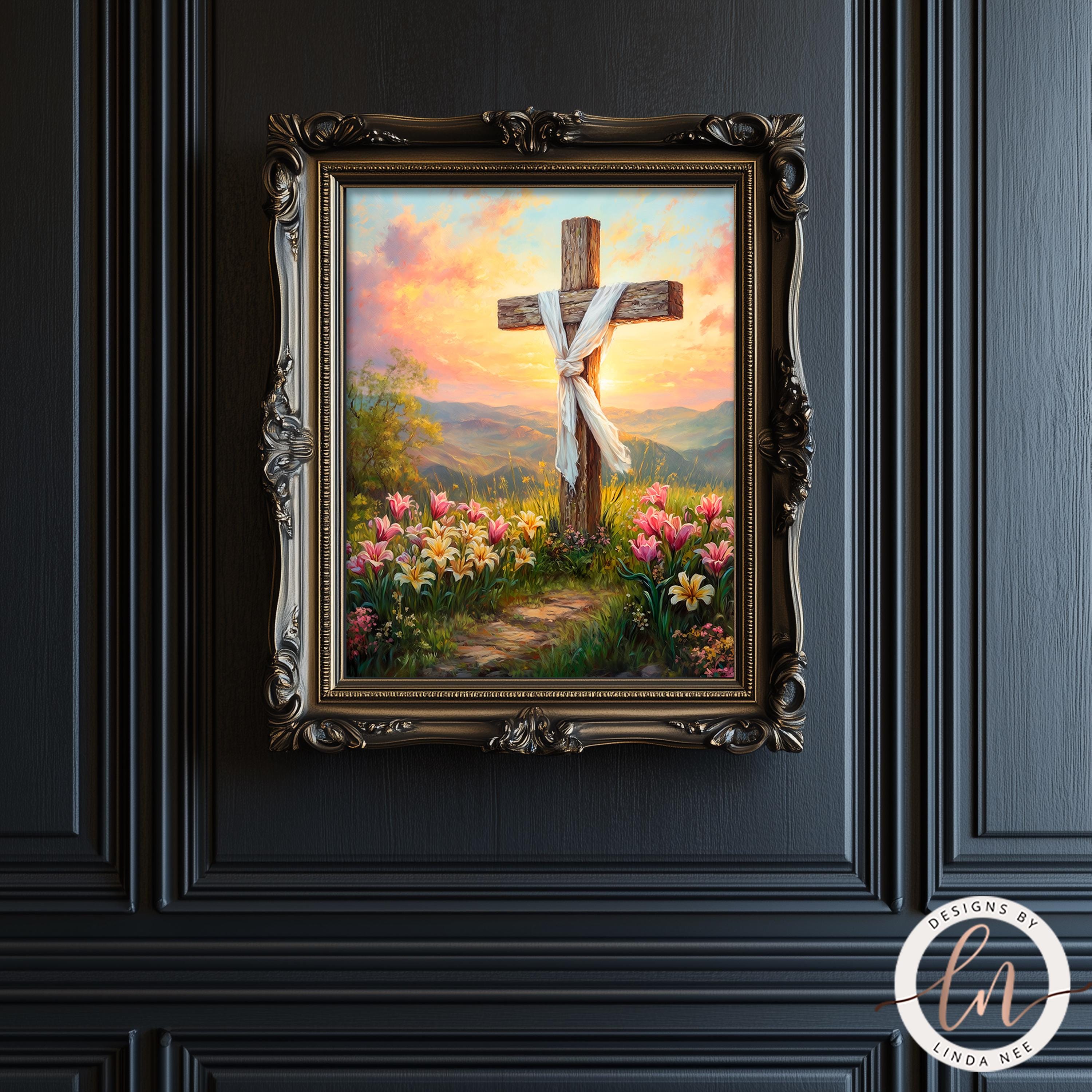 Easter Christian Wall Art, He is Risen Cross on Mountain With Spring ...
