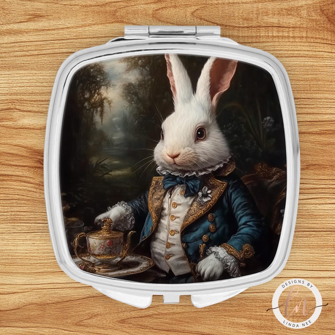 White Rabbit Tea Party Compact Mirror, Victorian Rabbit Tea Party Bunny ...