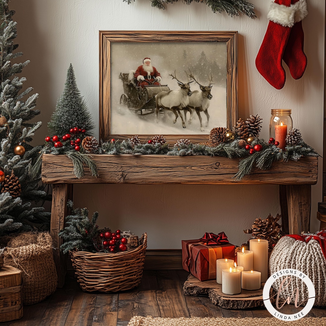 Vintage Santa Print, Santa Claus Wall Art, Santa on Sleigh With ...