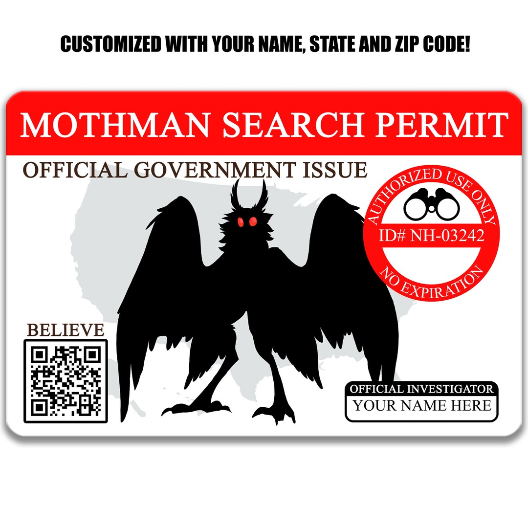 Personalized Mothman Search Permit, Metal Wallet Sized License, Cryptozoological Enthusiasts ...