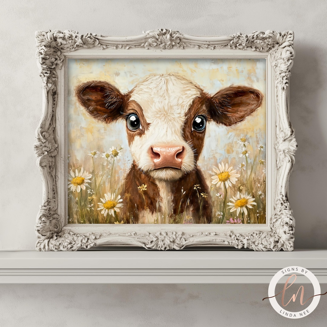 Adorable Baby Cow Wall Art, Rustic Farmhouse Calf Oil Painting, Vintage ...