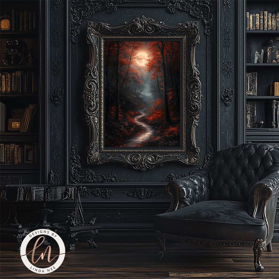 Midnight Fall Forest, Dark Cottagecore Prints, Autumn Full Moon Print ...