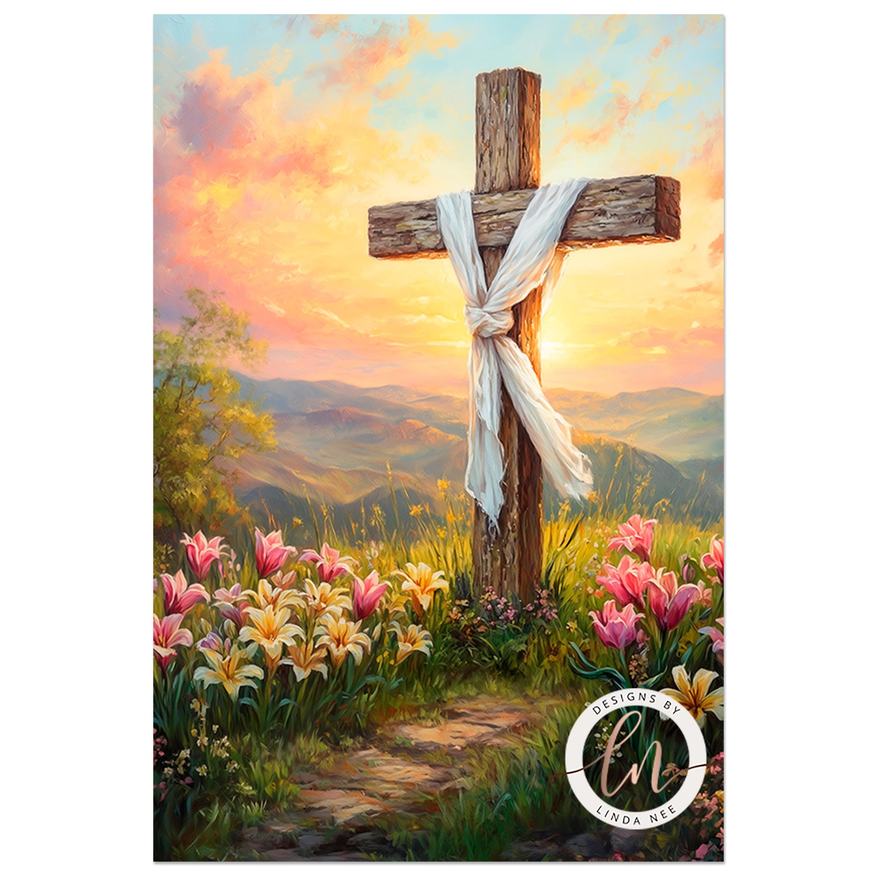 Easter Christian Wall Art, He is Risen Cross on Mountain With Spring ...