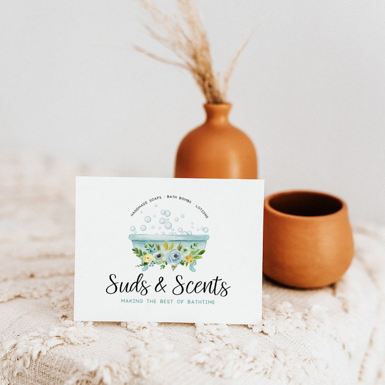 Watercolor Bathtub Logo Design, Floral Soap Boutique Branding, Feminine ...