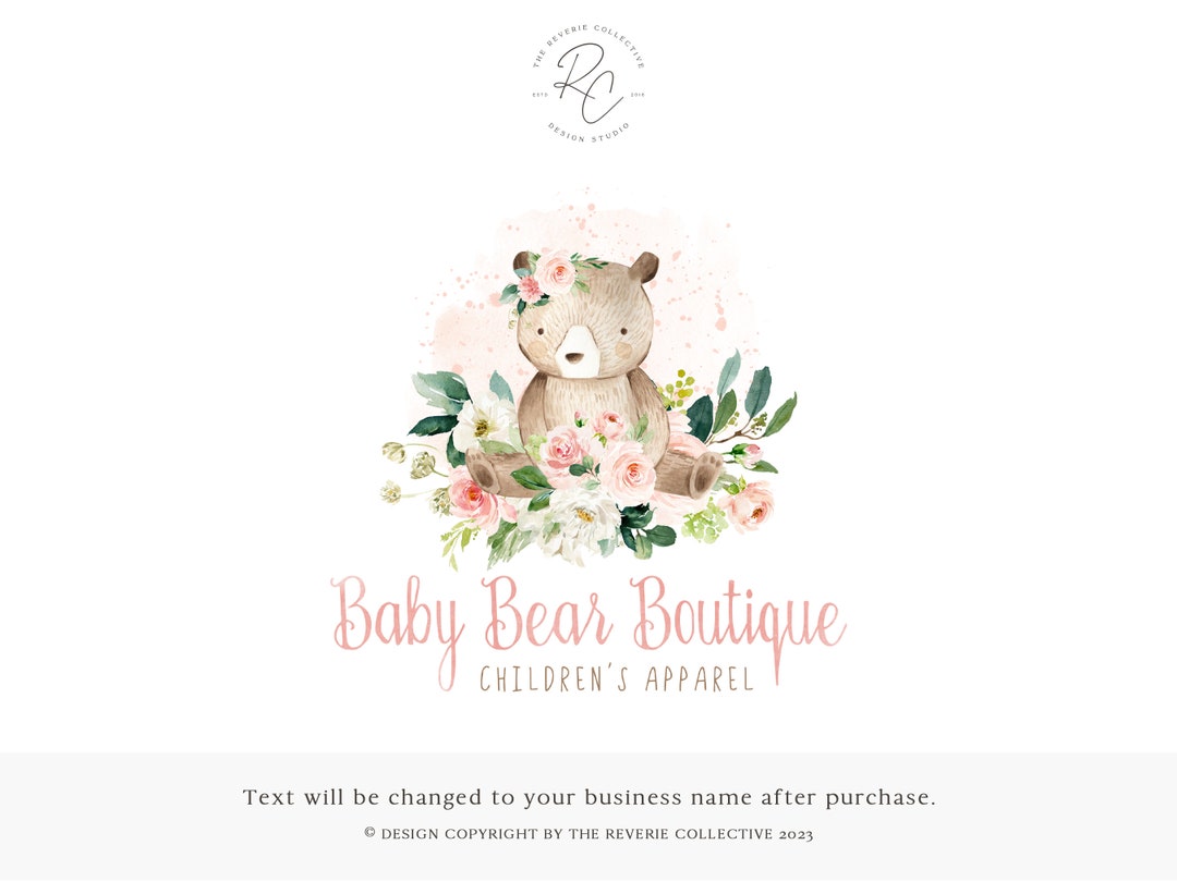 Bear Logo, Childrens Logo, Kids Logo, Watercolor Floral Logo, Newborn ...