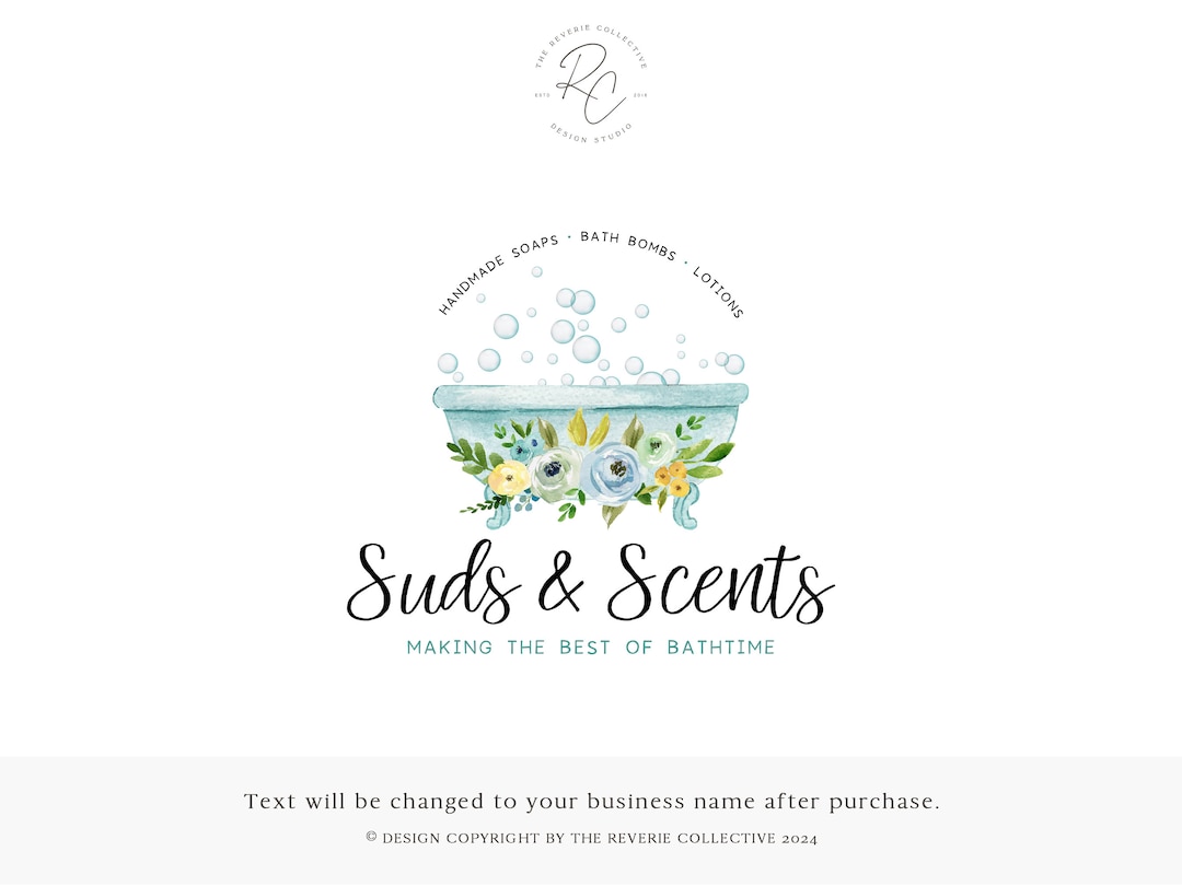 Bubble Bath Logo, Handmade Soap Logo, Watercolor Spa Logo, Organic Skincare Logo, Floral Beauty ...