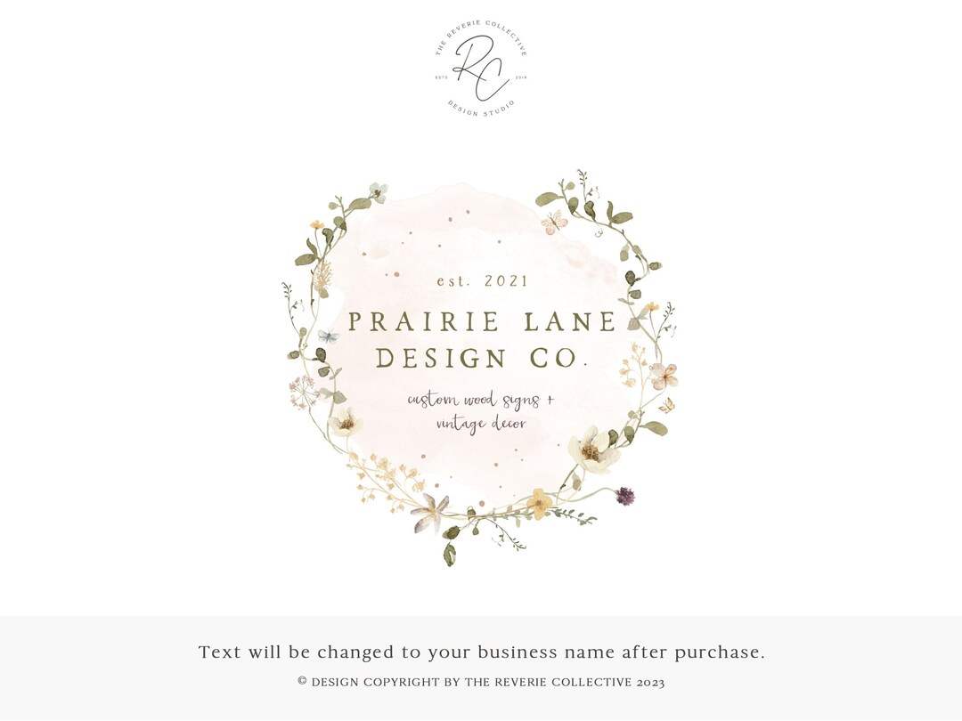 Wildflower Logo, Floral Wreath Logo, Cottagecore Logo, Watercolor Logo ...