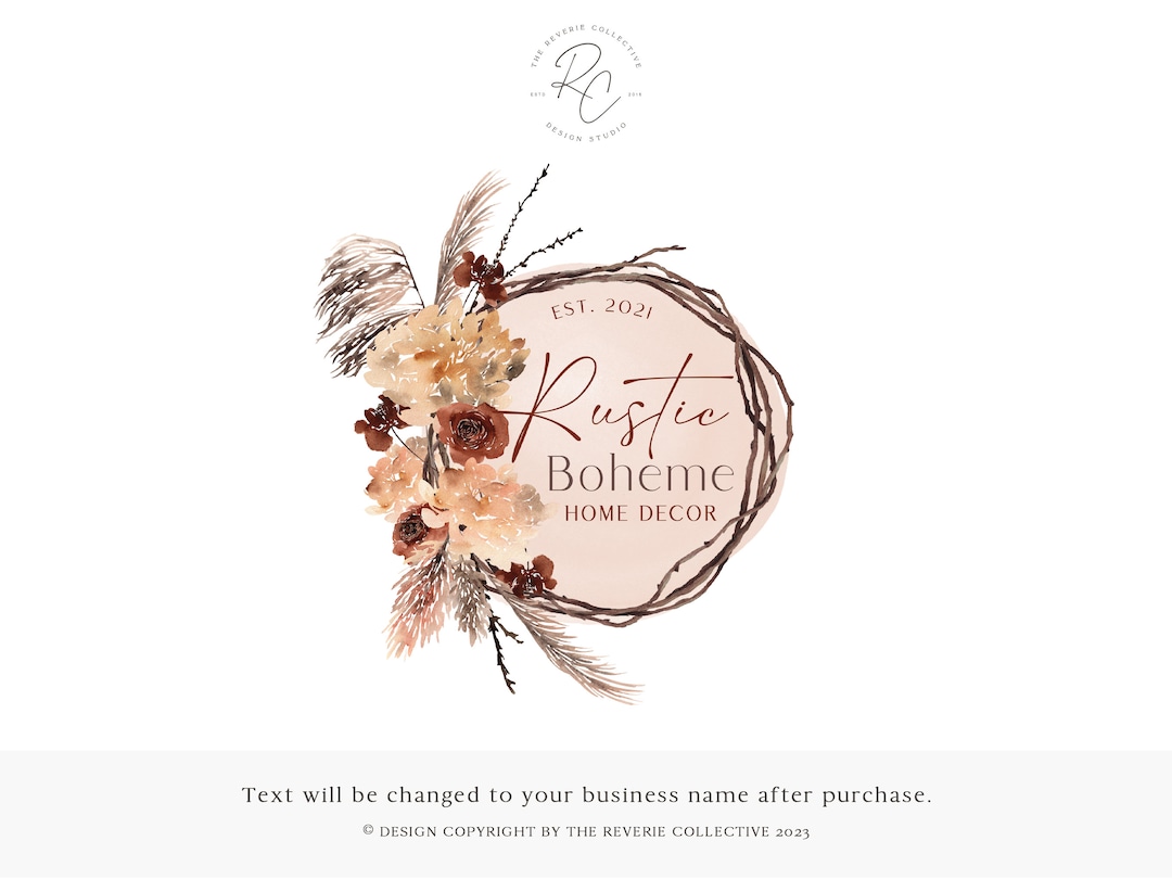 Rustic Boho Logo Design: Wood Wreath, Pampas Grass Premade Branding - Etsy