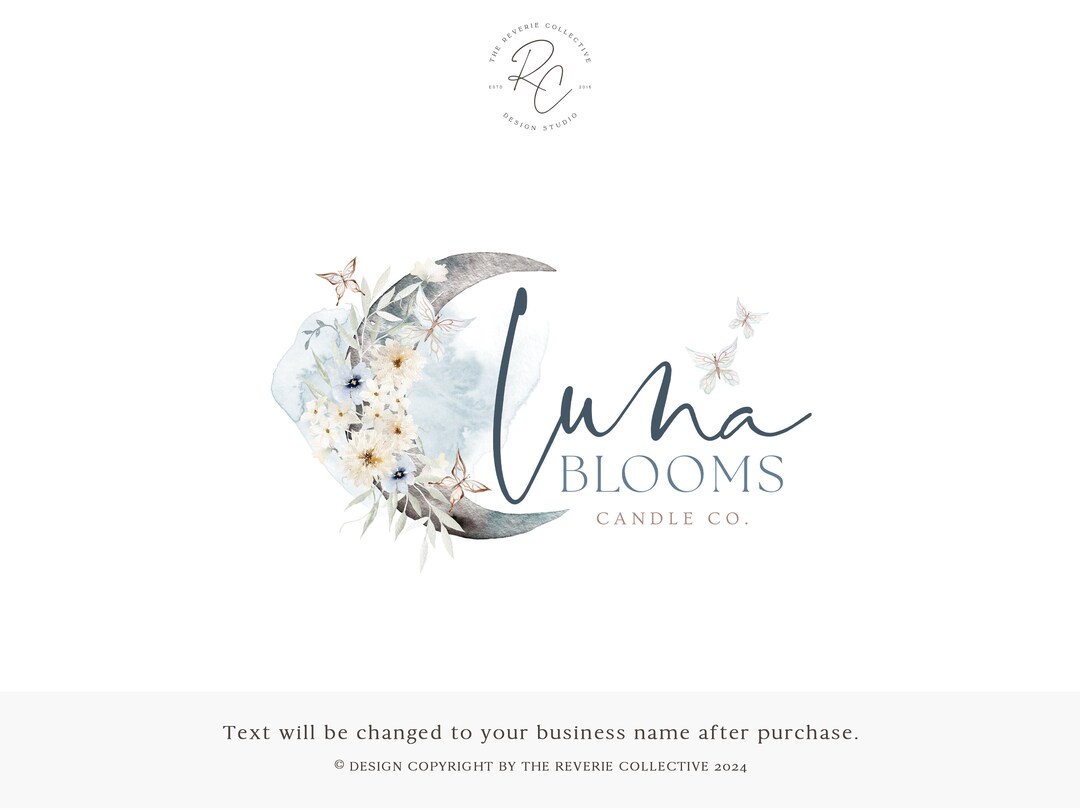 Floral Crescent Moon Logo, Luna Moth Logo, Watercolor Butterfly Logo ...