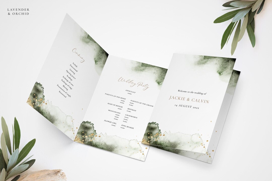 JAIDE Emerald Green & Gold Wedding Program, Printable Wedding Program ...
