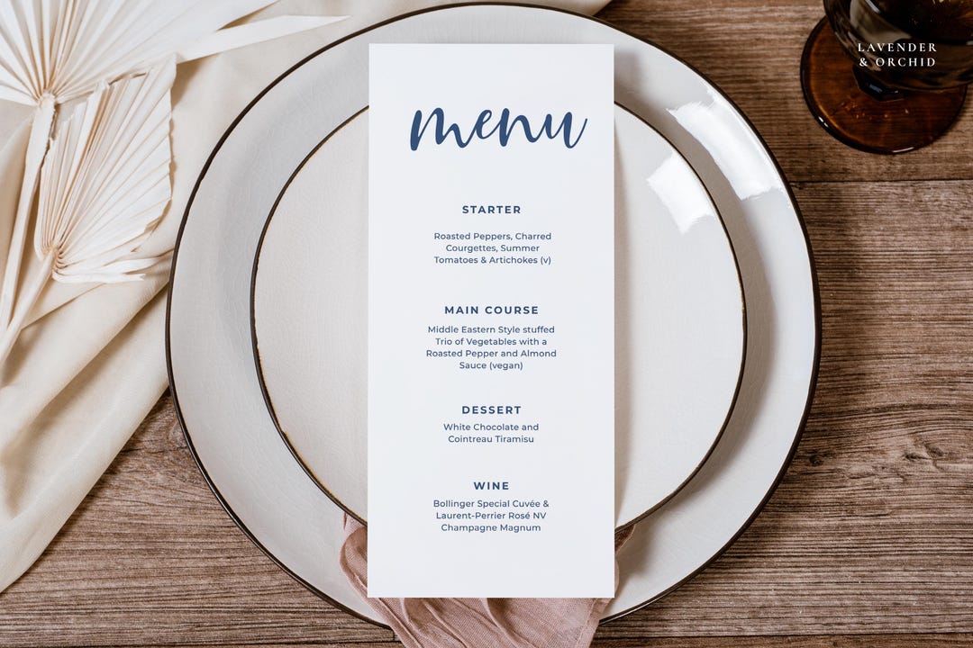BELLE Navy Blue Dinner Menu Template, Printable Wedding Dinner Menu ...