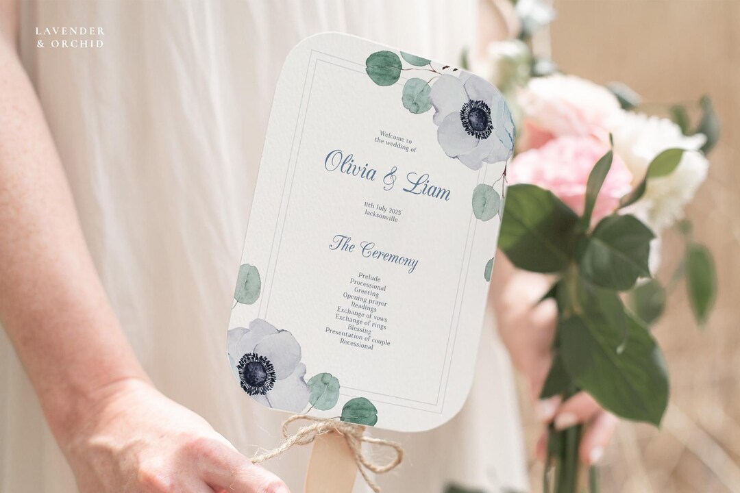 MILIA Floral Rustic Wedding Program Fan, Rustic Wedding Ceremony Program Printable, Blue Anemone ...