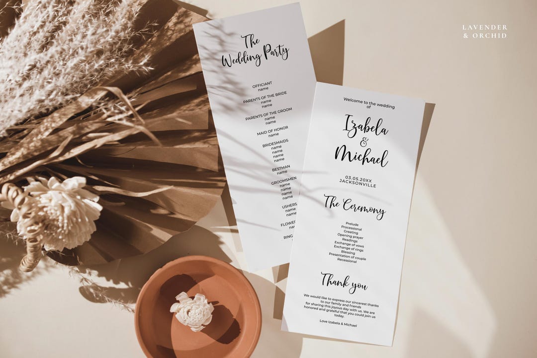 COREY Modern Script Wedding Ceremony Program Template, Minimalist Wedding, Edit Online Instant ...