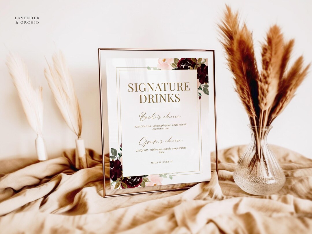 ROSIE Boho Floral Signature Drinks Sign, Dark Marsala & Blush Floral ...