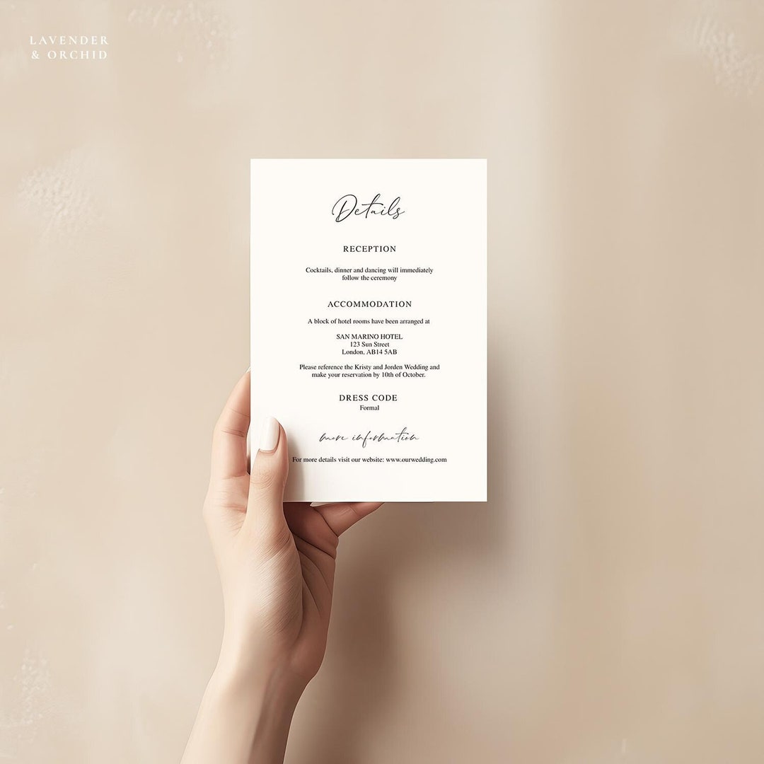 ZARA Elegant Wedding Details Insert Card, Printable Modern Enclosure ...