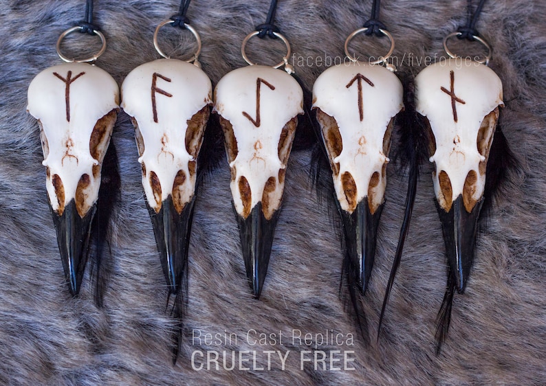 Crow Skull With Custom Rune Necklace, Resin Replica Hand Painted ...